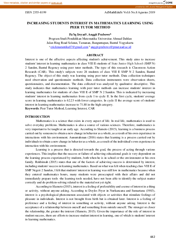 (PDF) Increasing Students Interest in Mathematics Learning Using Peer Tutor Method