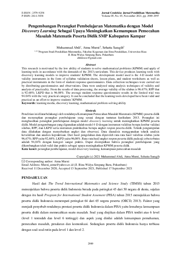 (PDF) Pengembangan Perangkat Pembelajaran Matematika dengan Model Discovery Learning Sebagai ...