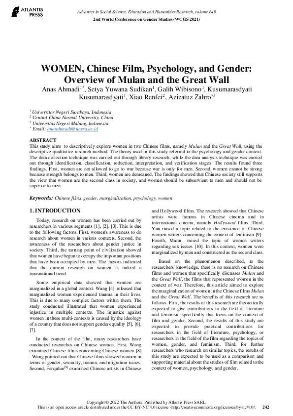 (PDF) WOMEN, Chinese Film, Psychology, and Gender: Overview of Mulan ...