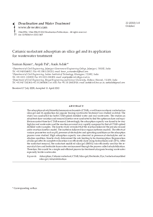 (PDF) Cationic surfactant adsorption on silica gel and its application for wastewater treatment