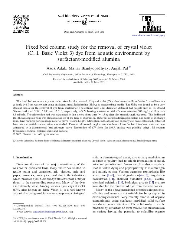 (PDF) Fixed bed column study for the removal of crystal violet (C. I ...