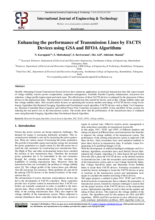 (PDF) Enhancing the performance of Transmission Lines by FACTS Devices using GSA and BFOA Algorithms
