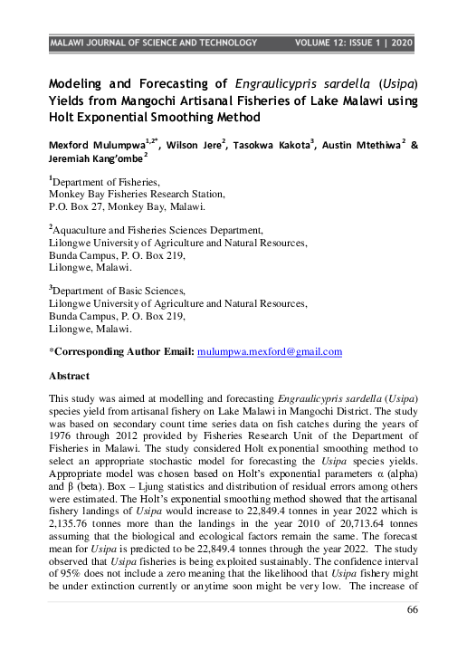(PDF) Modeling and Forecasting of Engraulicypris sardella (Usipa ...