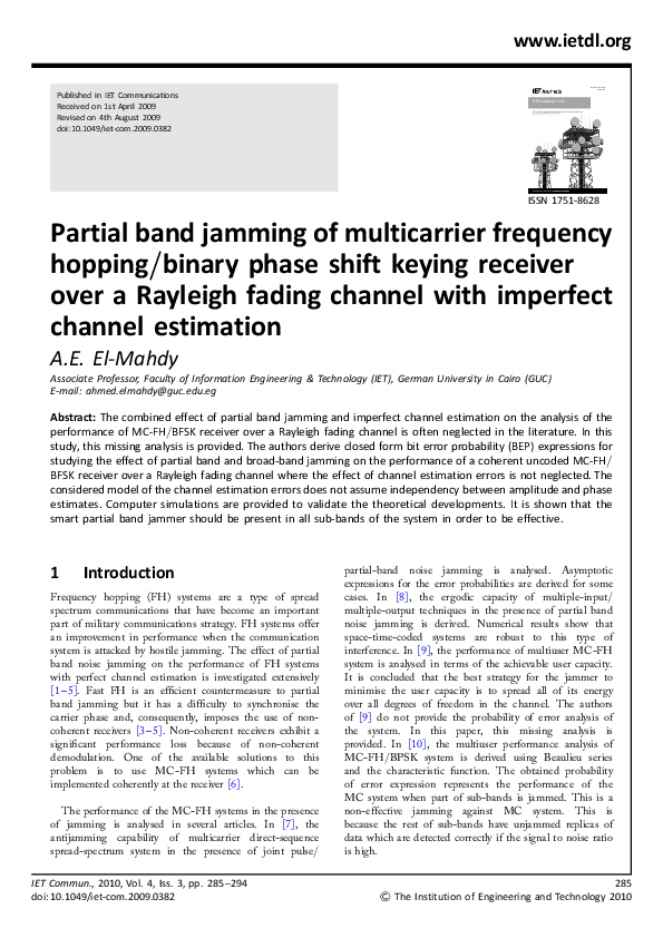 Pdf Partial Band Jamming Of Multicarrier Frequency Hopping Binary