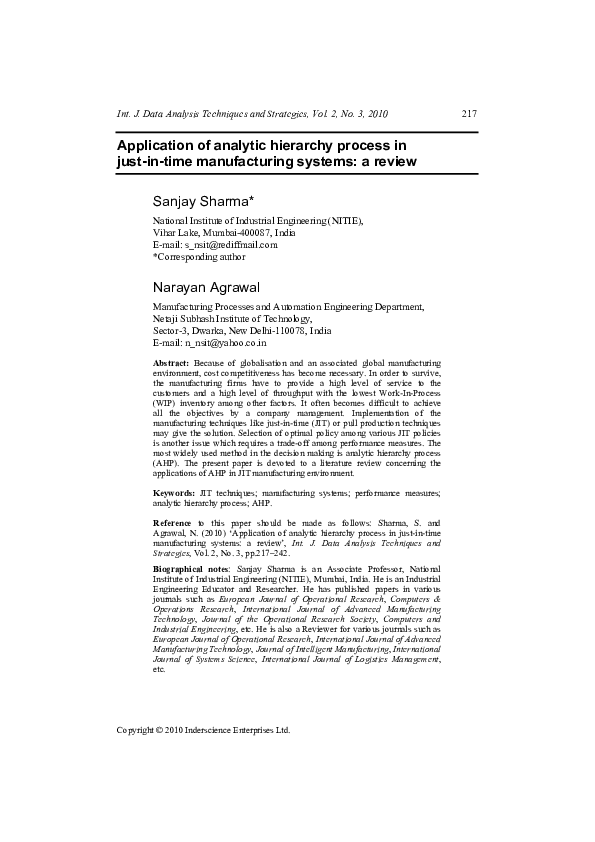 (PDF) Application of analytic hierarchy process in just-in-time manufacturing systems: a review