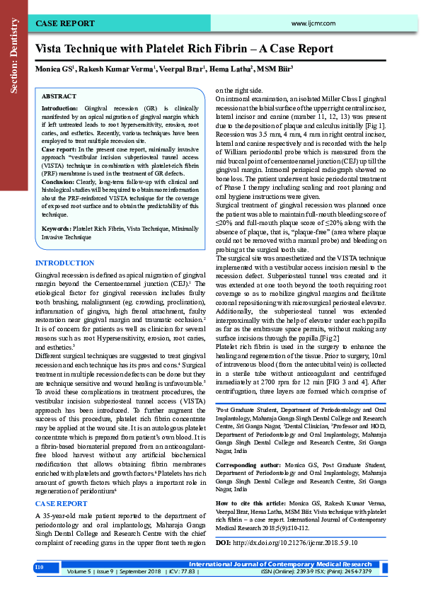 (PDF) Vista Technique with Platelet Rich Fibrin – A Case Report