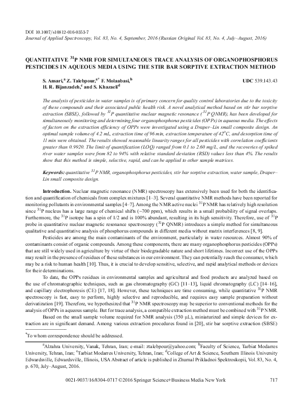 (PDF) Quantitative 31P NMR for Simultaneous Trace Analysis of Organophosphorus Pesticides in ...