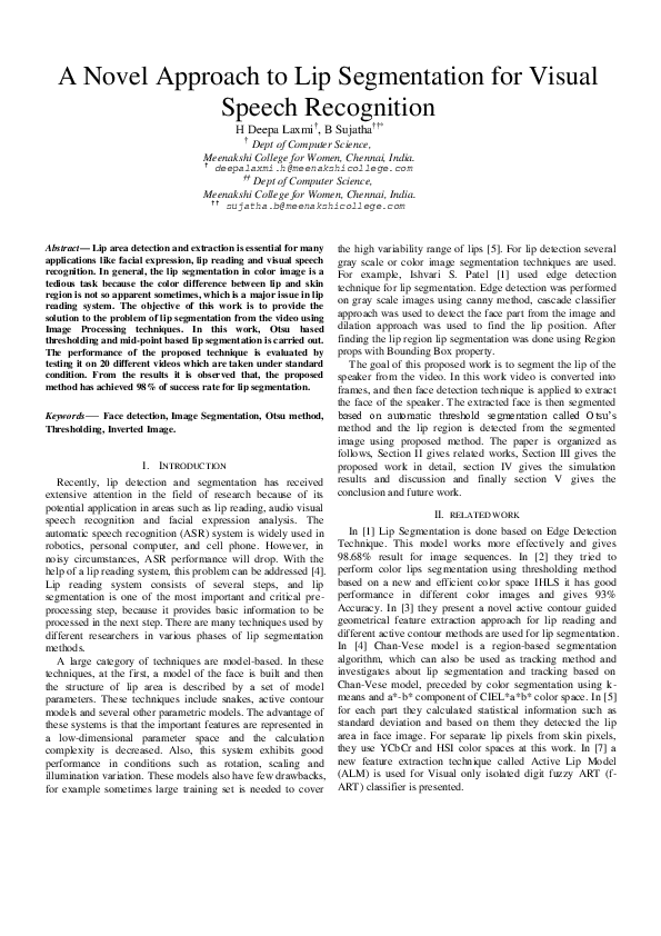 (PDF) A Novel Approach to Lip Segmentation for Visual Speech Recognition