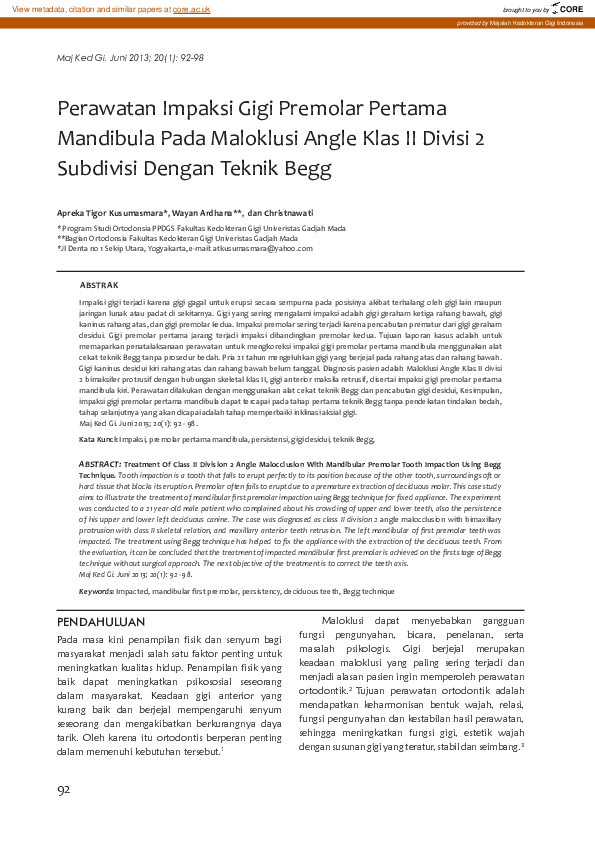 (PDF) Perawatan Impaksi Gigi Premolar Pertama Mandibula Pada Maloklusi Angle Klas II Divisi 2 ...