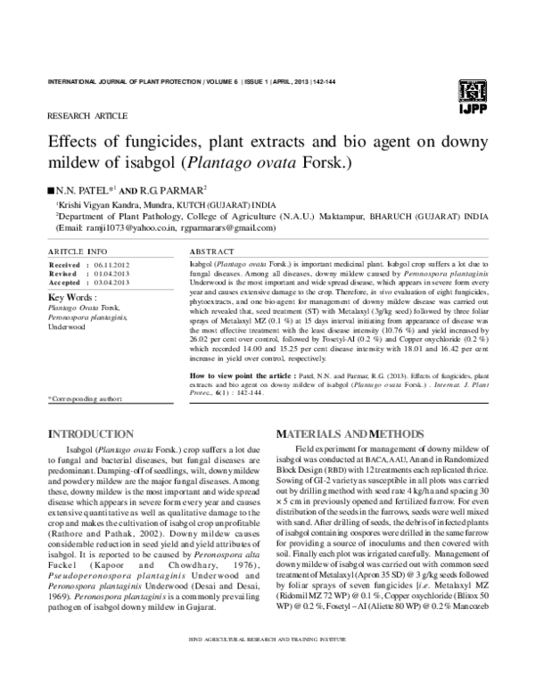 (PDF) Effects of fungicides, plant extracts and bio agent on downy mildew of isabgol (Plantago ...
