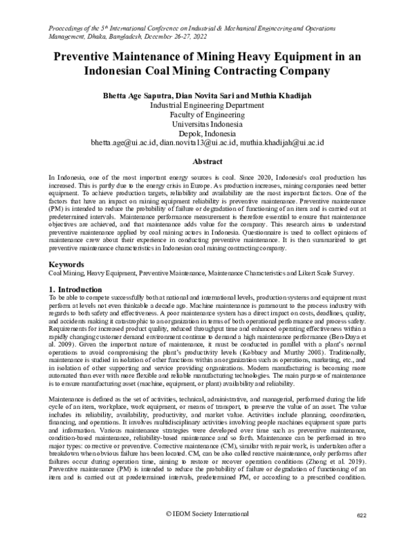 (PDF) Preventive Maintenance of Mining Heavy Equipment in an Indonesian ...