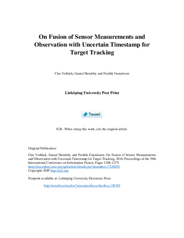 (PDF) On fusion of sensor measurements and observation with uncertain timestamp for target tracking