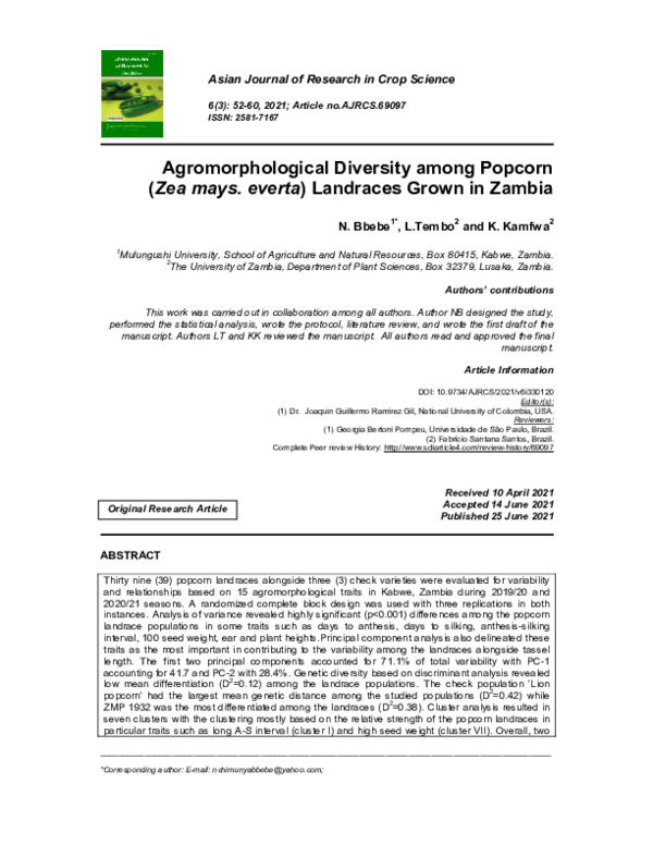 (PDF) Agromorphological Diversity among Popcorn (Zea mays. everta ...