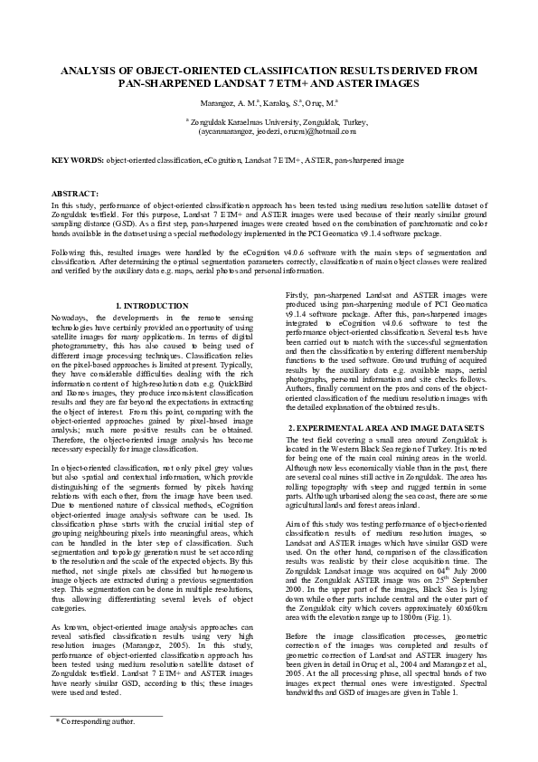 (PDF) Analysis of Object-Oriented Classification Results Derived from Pan-Sharpened Landsat 7 ...