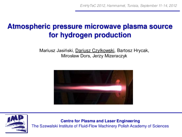 (PDF) Atmospheric pressure microwave plasma source for hydrogen production