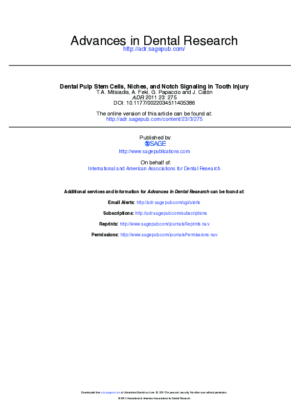(PDF) Dental Pulp Stem Cells, Niches, and Notch Signaling in Tooth Injury