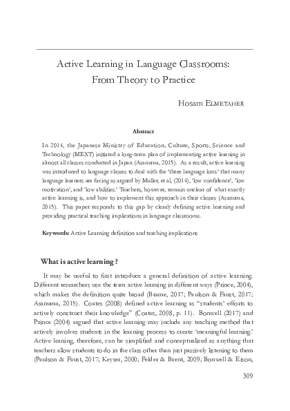 (PDF) Active Learning in Language Classrooms : From Theory to Practice