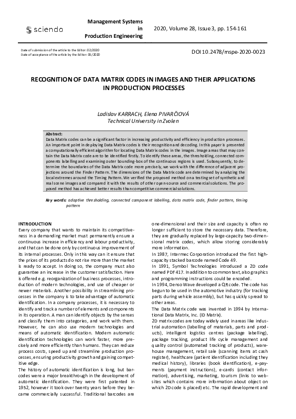(PDF) Recognition of Data Matrix Codes in Images and their Applications in Production Processes