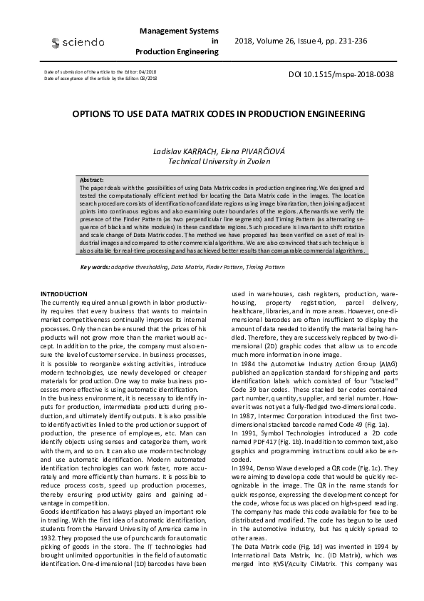 (PDF) Options to Use Data Matrix Codes in Production Engineering