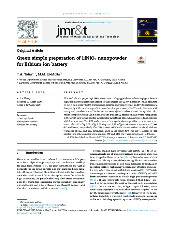 (PDF) Green simple preparation of LiNiO2 nanopowder for lithium ion battery