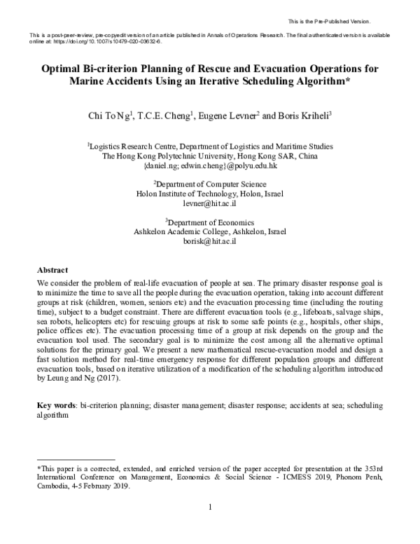 (PDF) Optimal bi-criterion planning of rescue and evacuation operations for marine accidents ...