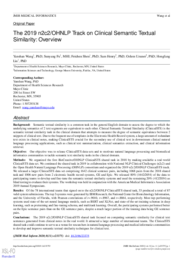 (PDF) The 2019 n2c2/OHNLP Track on Clinical Semantic Textual Similarity ...