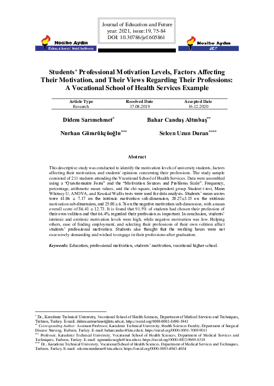 (PDF) Students’ Professional Motivation Levels, Factors Affecting Their ...
