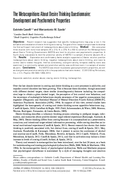 (PDF) The Metacognitions About Desire Thinking Questionnaire ...