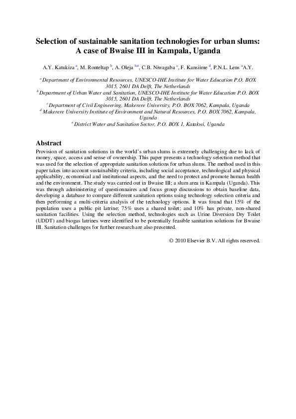 (PDF) Selection of sustainable sanitation technologies for urban slums ...