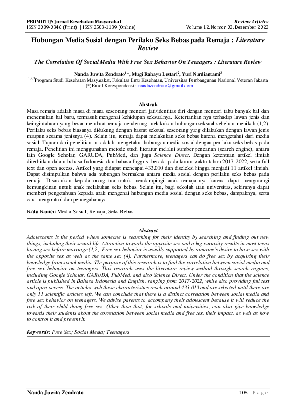 (PDF) Hubungan Media Sosial dengan Perilaku Seks Bebas pada Remaja : Literature Review