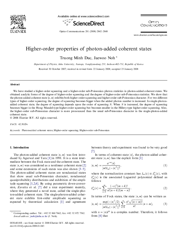Pdf Higher Order Properties Of Photon Added Coherent States
