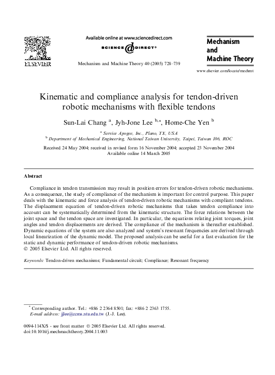 (PDF) Kinematic and compliance analysis for tendon-driven robotic mechanisms with flexible tendons