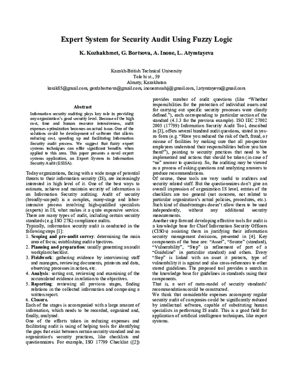 (PDF) Expert System for Security Audit Using Fuzzy Logic