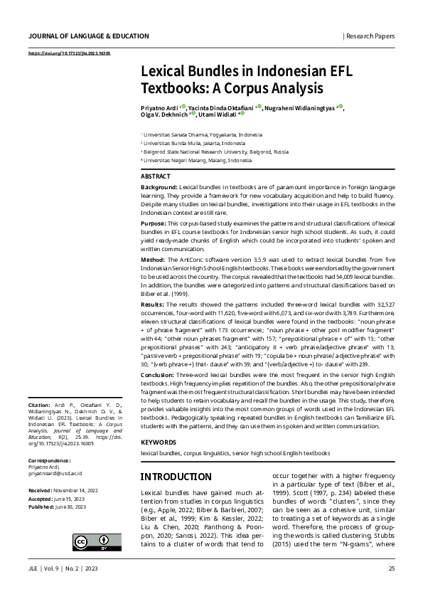 Pdf Lexical Bundles In Indonesian Efl Textbooks A Corpus Analysis
