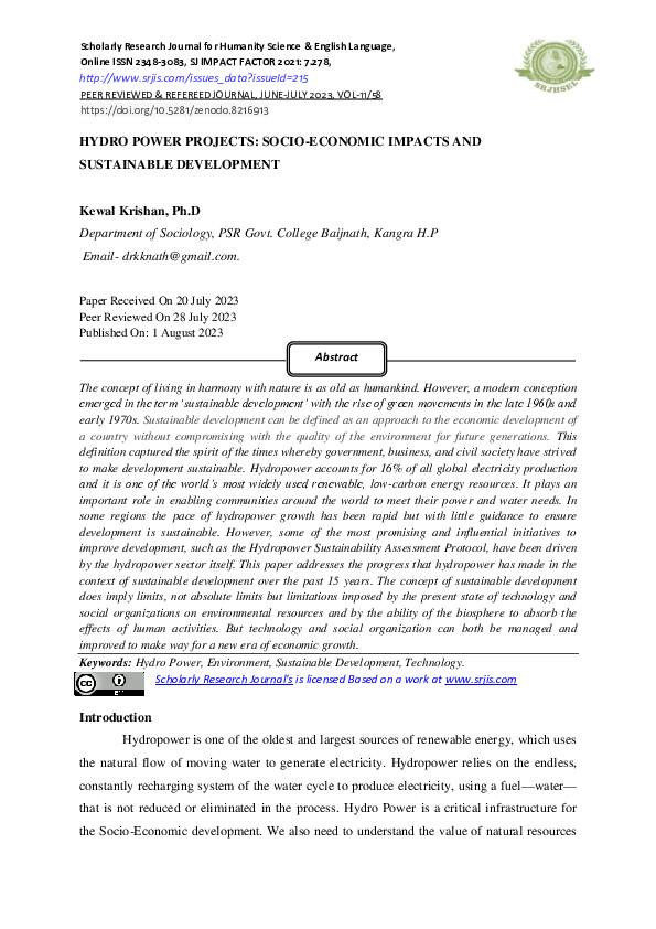 (PDF) HYDRO POWER PROJECTS: SOCIO-ECONOMIC IMPACTS AND SUSTAINABLE ...