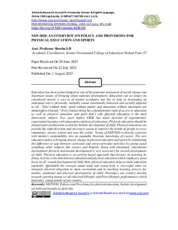 (PDF) NEP 2020: AN OVERVIEW ON POLICY AND PROVISIONS FOR PHYSICAL ...