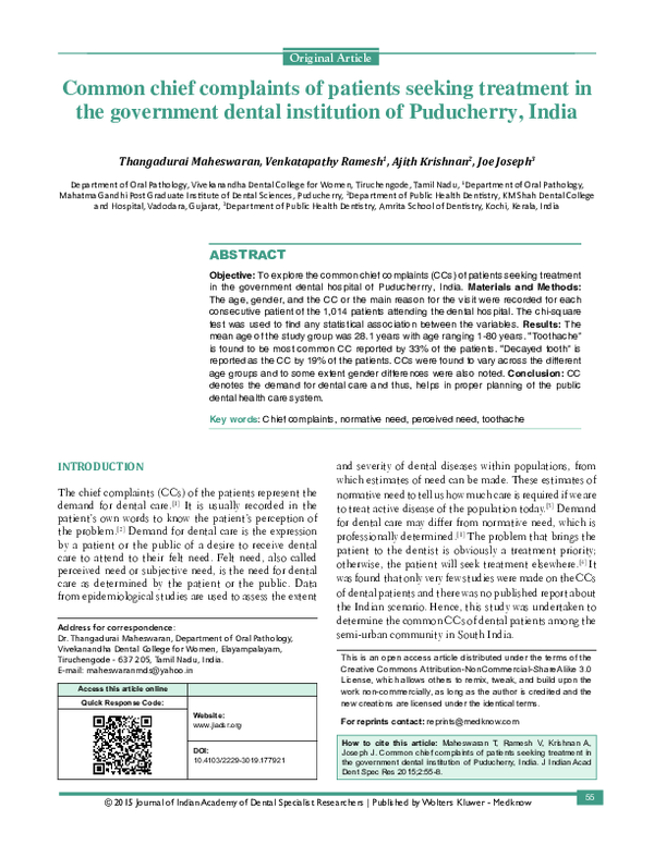 (PDF) Common chief complaints of patients seeking treatment in the ...
