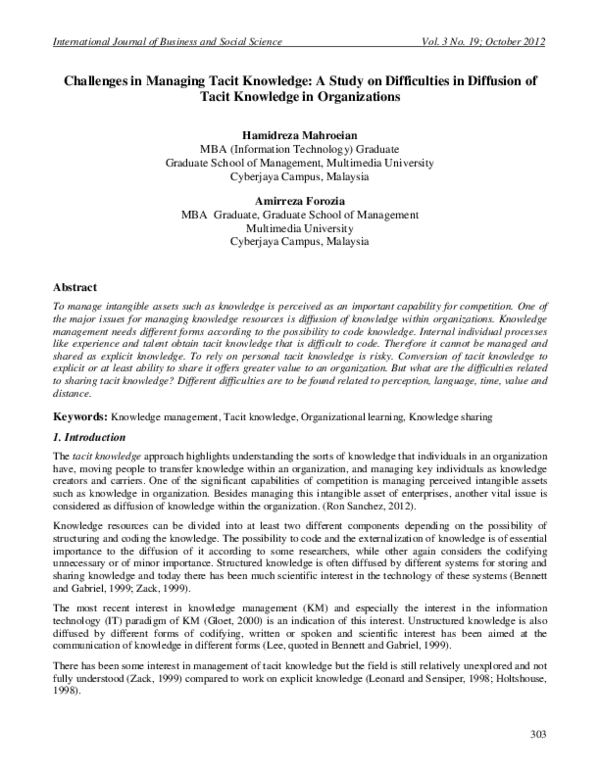 (PDF) Challenges in Managing Tacit Knowledge: A Study on Difficulties in Diffusion of Tacit ...