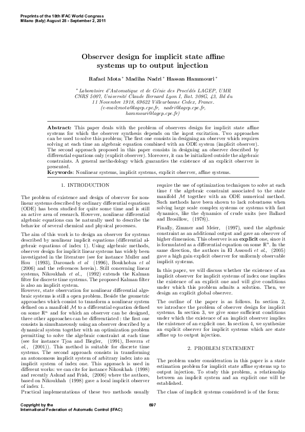 Pdf Observer Design For Implicit State Affine Systems Up To Output Injection