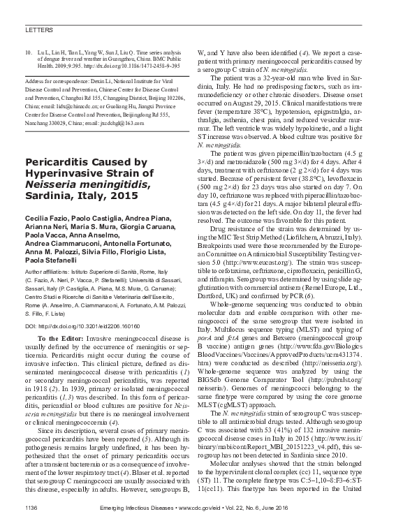 (PDF) Pericarditis Caused by Hyperinvasive Strain ofNeisseria ...