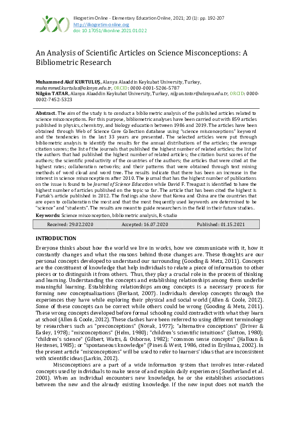 (PDF) An Analysis of Scientific Articles on Science Misconceptions: A ...