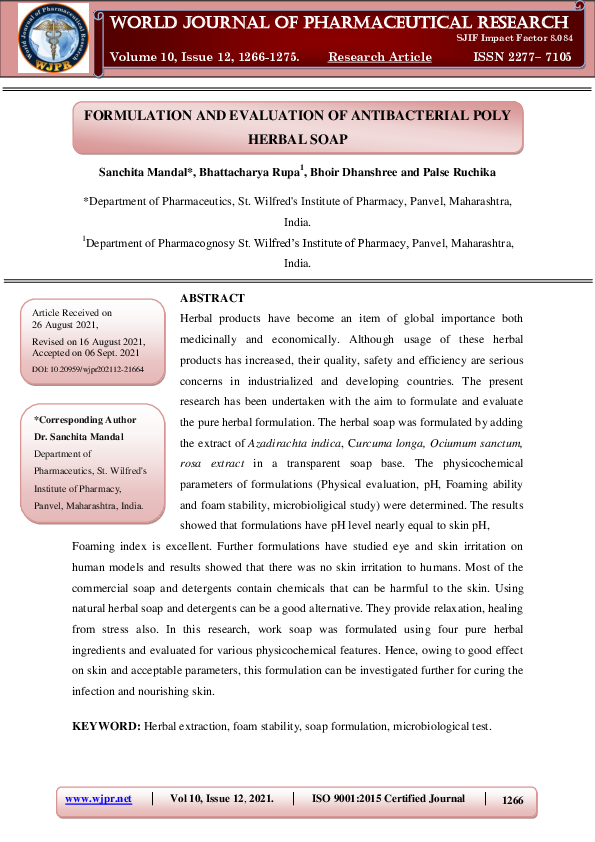 Pdf Formulation And Evaluation Of Antibacterial Poly Herbal Soap Sanchita Mandal