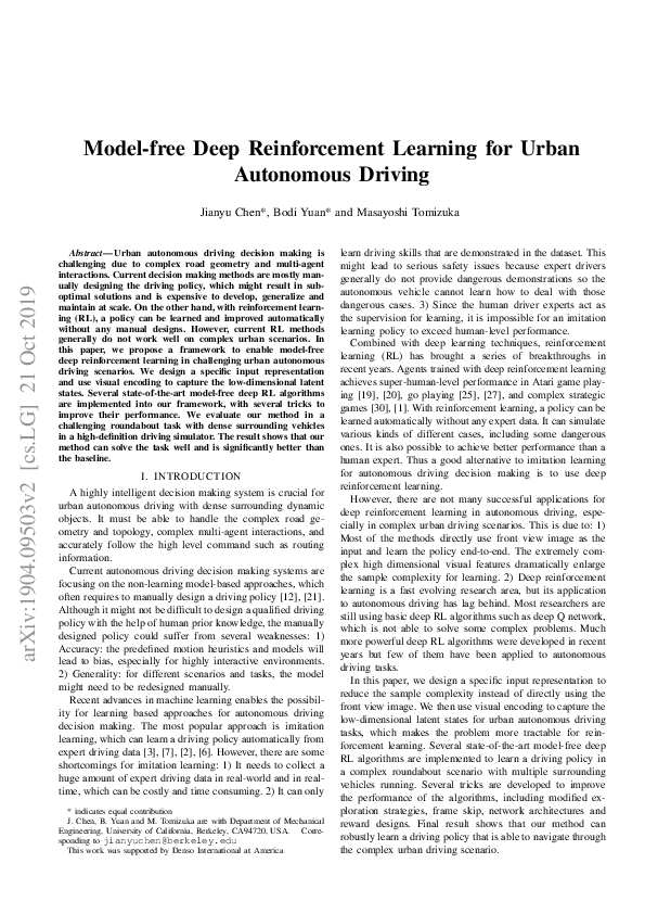 Pdf Model Free Deep Reinforcement Learning For Urban Autonomous Driving