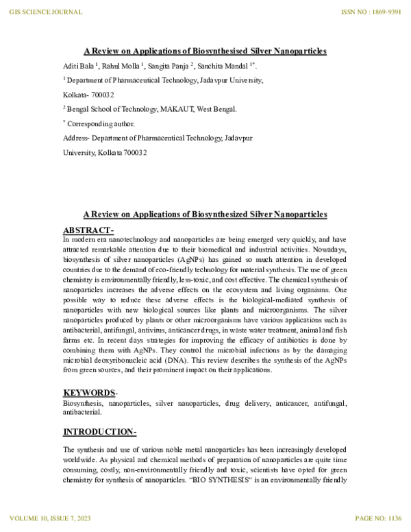 (PDF) A Review on Applications of Biosynthesised Silver Nanoparticles