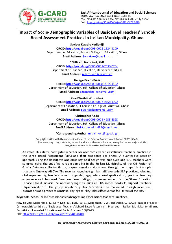 Pdf Impact Of Socio Demographic Variables Of Basic Level Teachers School Based Assessment