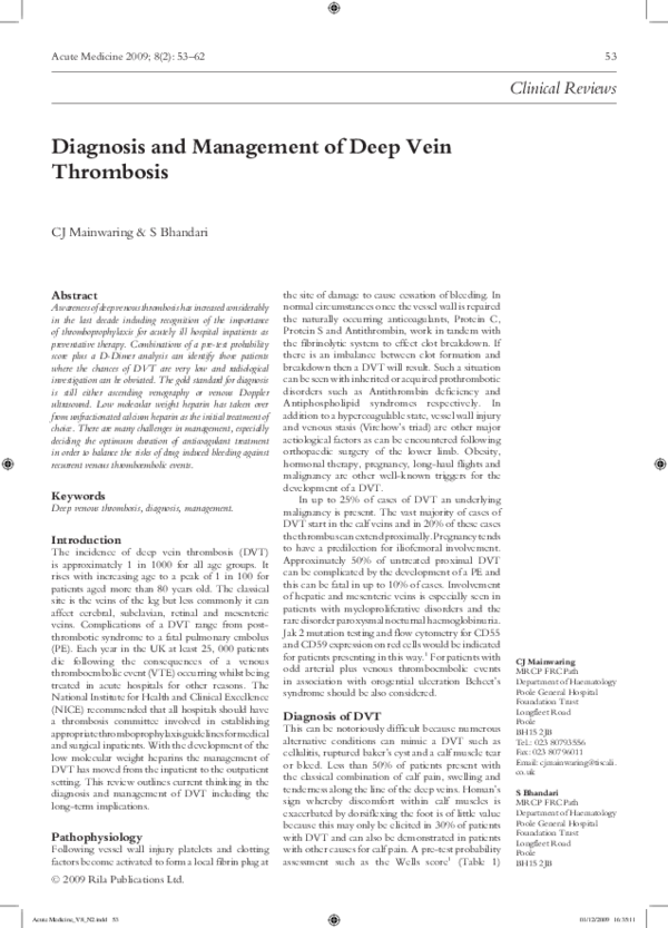 (PDF) Diagnosis and management of deep vein thrombosis of the upper extremity: a review