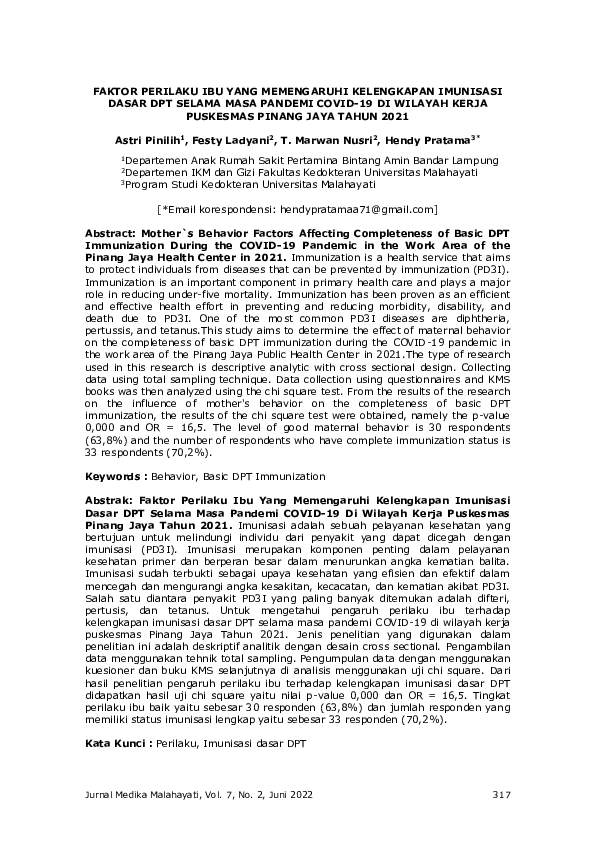 (PDF) Faktor Perilaku Ibu Yang Mempengaruhi Kelengkapan Imunisasi Dasar DPT Selama Masa Pandemi ...