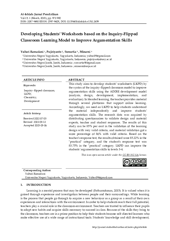 (PDF) Developing Students’ Worksheets based on the Inquiry-Flipped Classroom Learning Model to ...