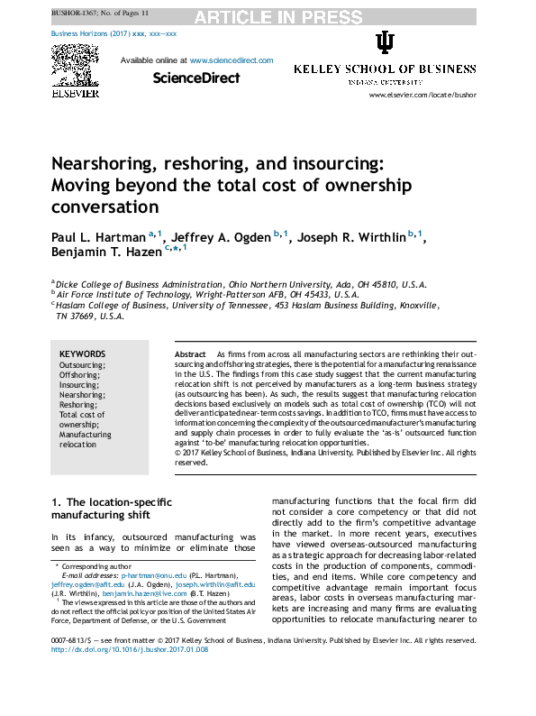 (PDF) Nearshoring, reshoring, and insourcing: Moving beyond the total cost of ownership conversation