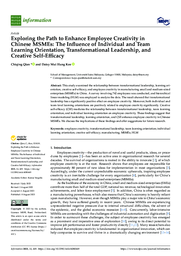 (PDF) Exploring the Path to Enhance Employee Creativity in Chinese MSMEs: The Influence of ...